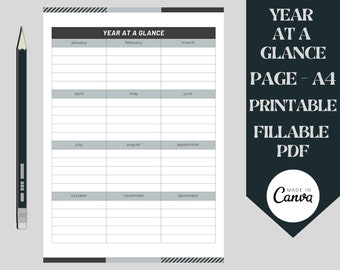 Year at a Glance, Two Page Yearly Planner Printable, 12 Month Overview ...