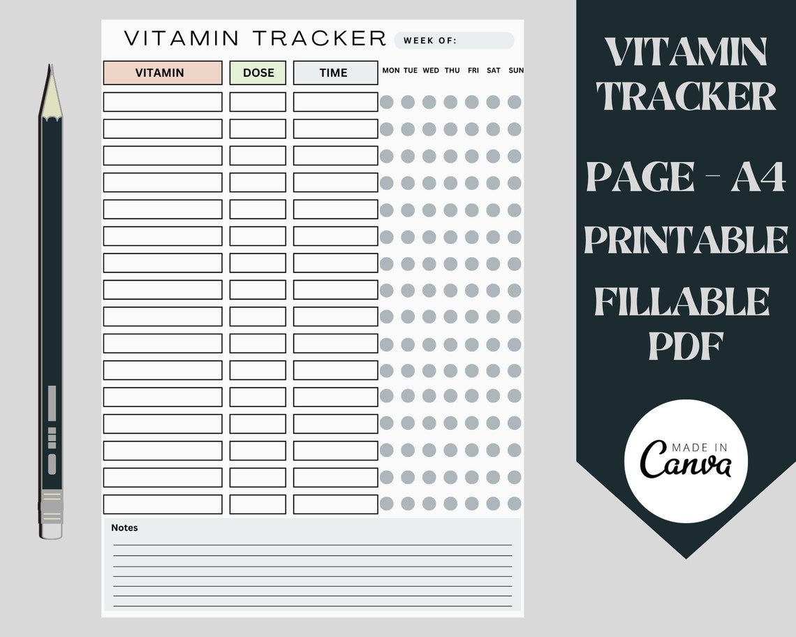 Vitamin Tracker Printable, Fitness and Health Planner, Vitamin İntake ...