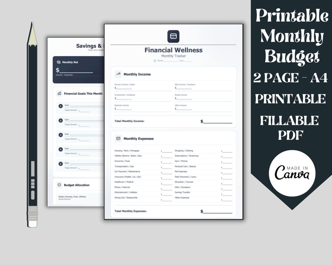 Financial Wellness Monthly Tracker | Printable Planner | Budget Tracker ...