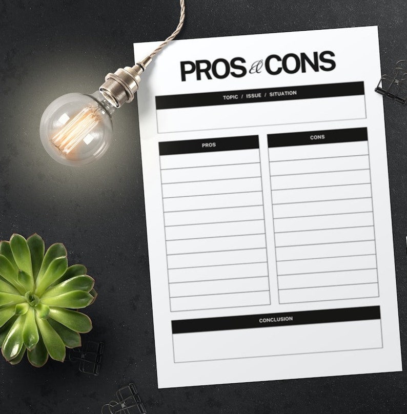 Printable Pros and Cons List, Instant Download, Print at Home Planner ...