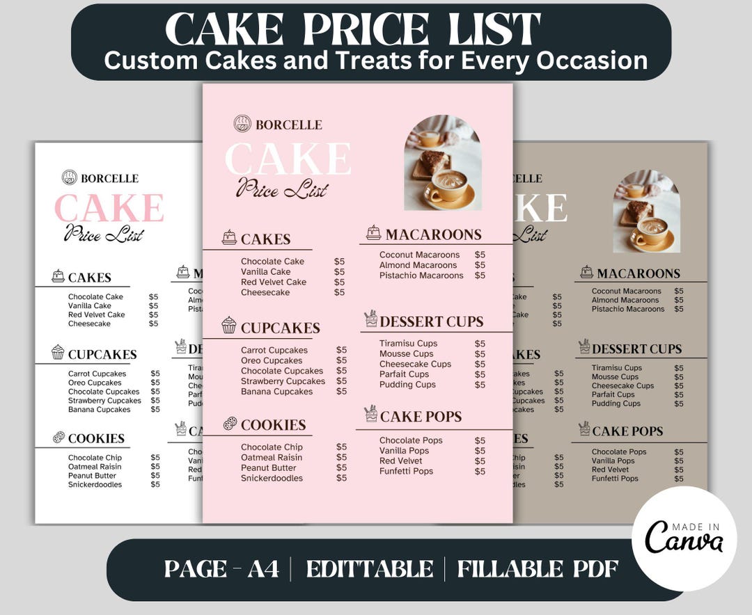Cake Price List | Price List Template | Bakery Price List | Price List ...