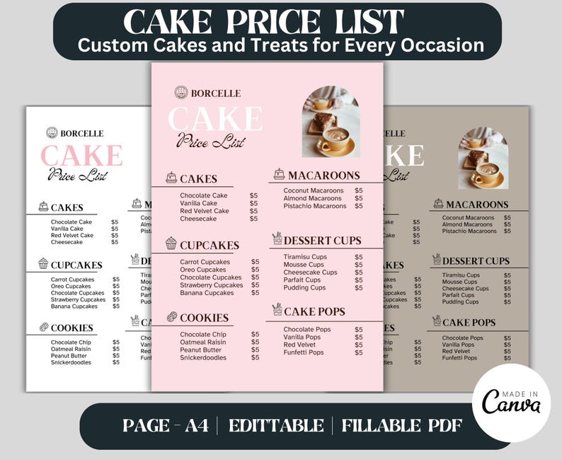 Cake Price List | Price List Template | Bakery Price List | Price List ...