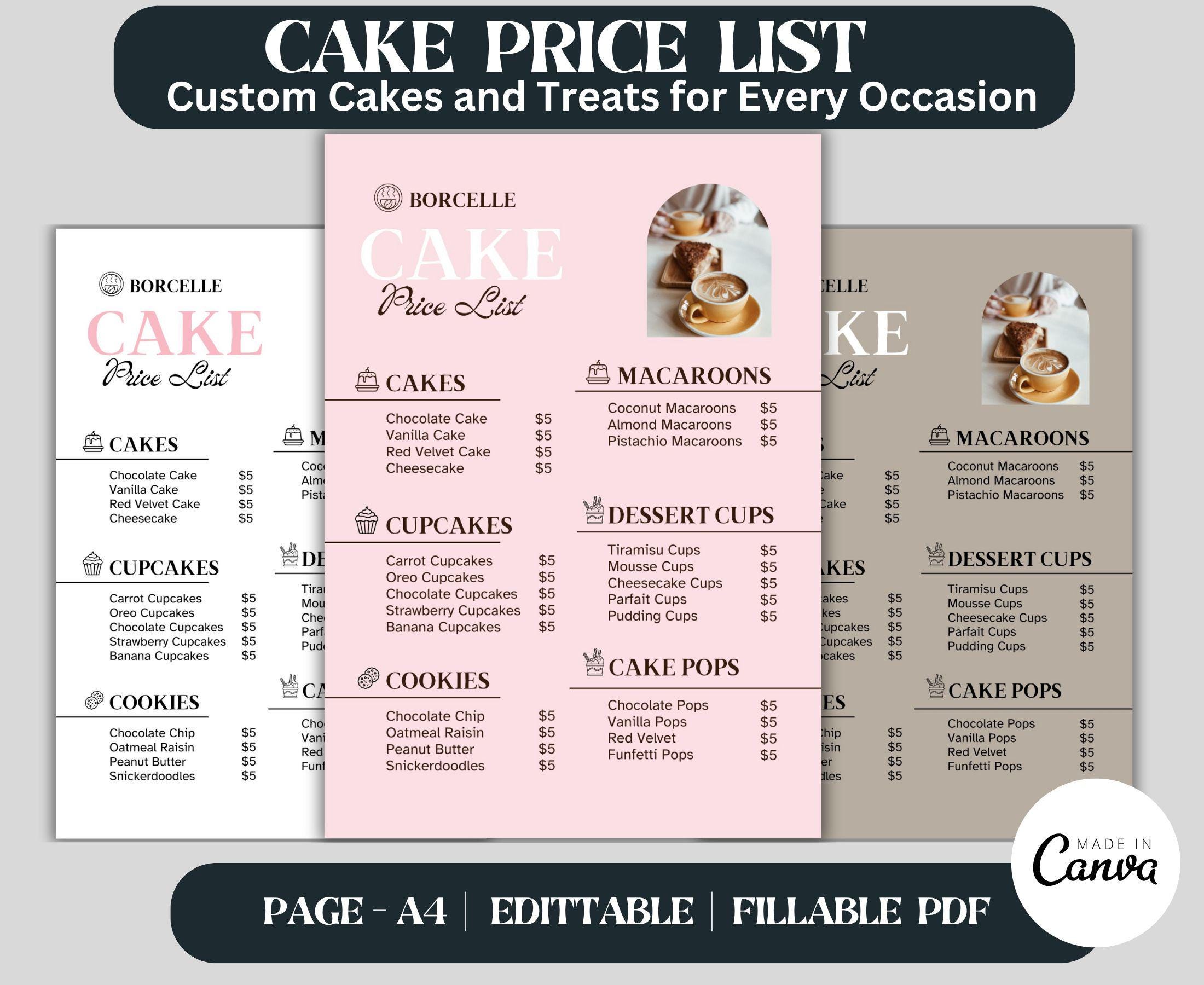 Cake Price List, Price List Template, Template Canva, Bakery Menu, Cake ...