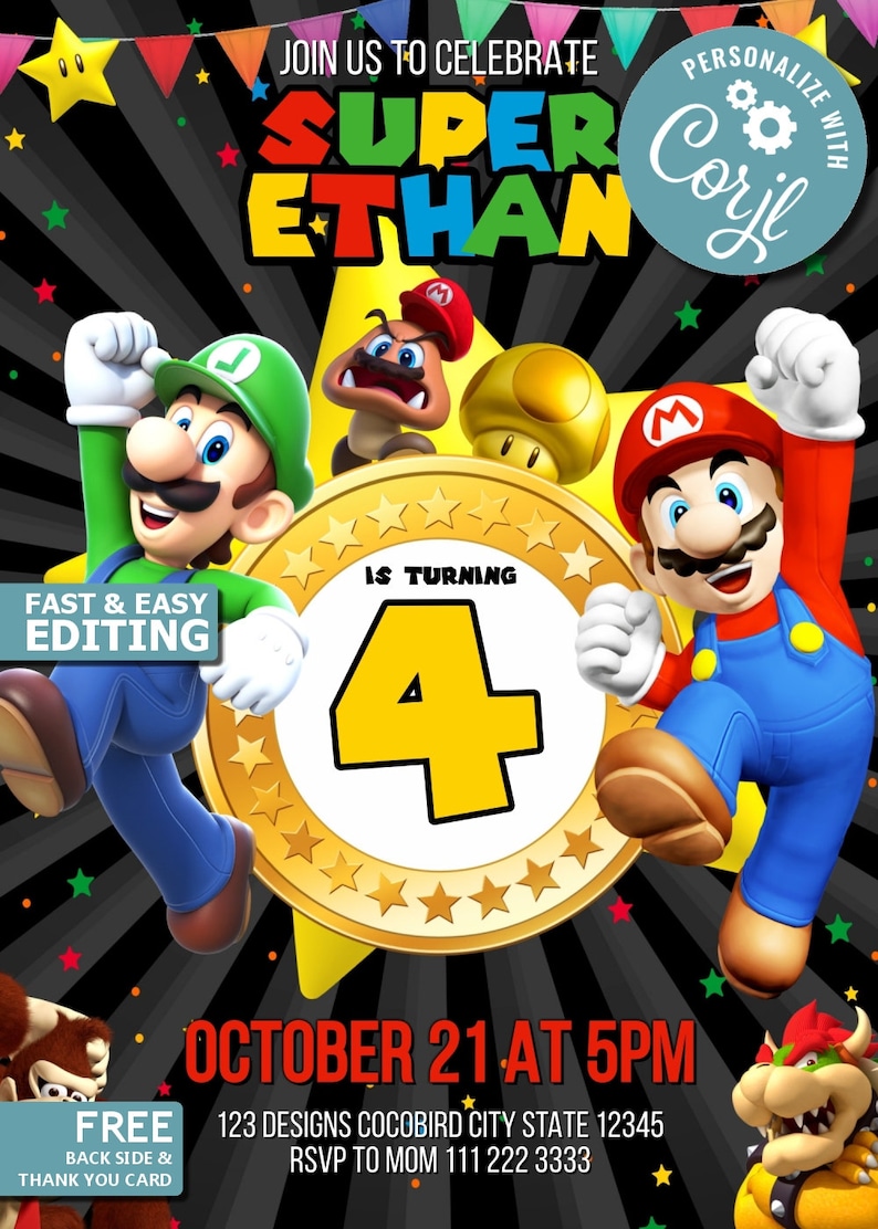 Super Mario Birthday Invitation | Super Mario Bros Instant Download ...