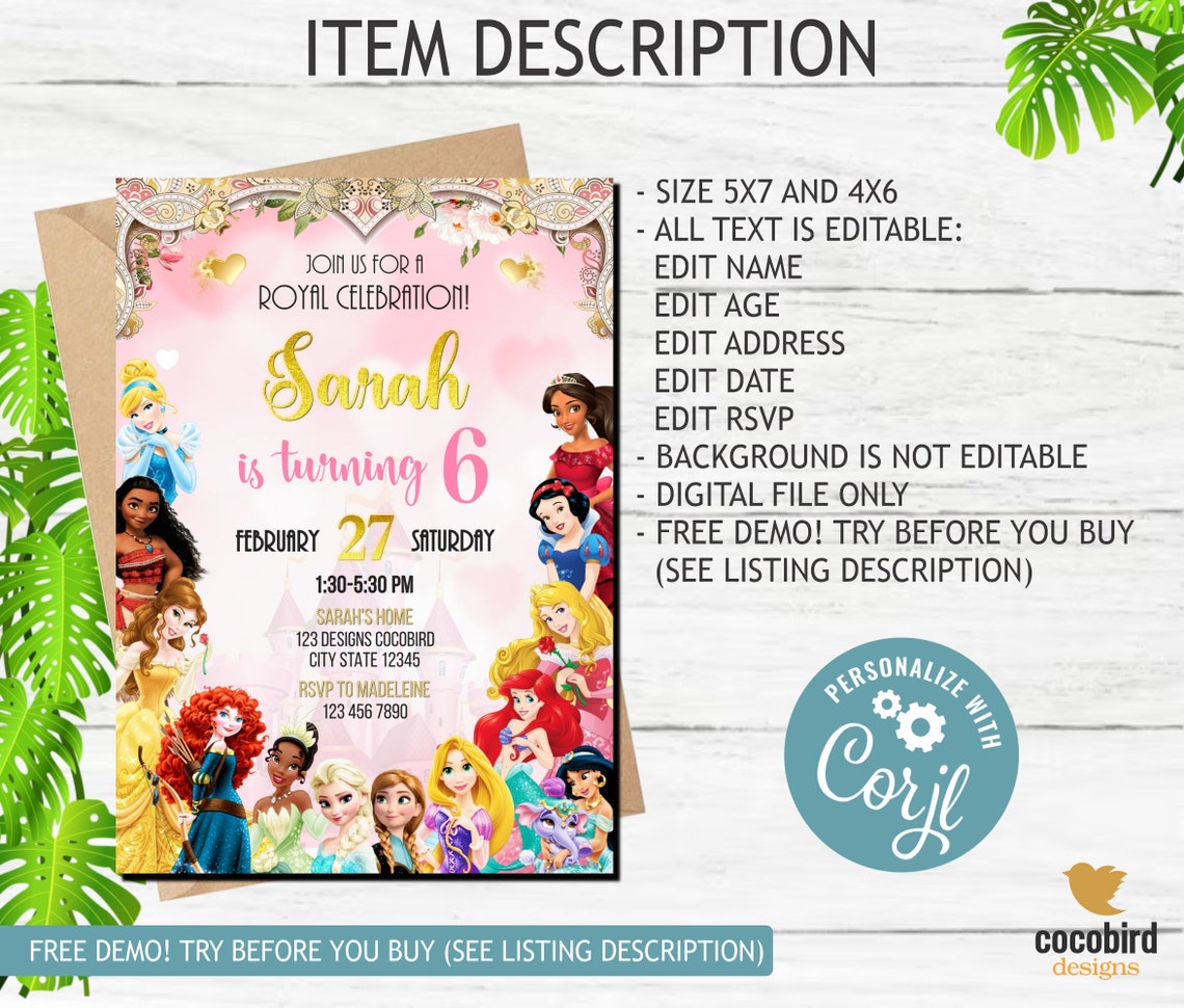 Editable 6th Princess Birthday Party Invitation Princess 6th 6 Digital ...