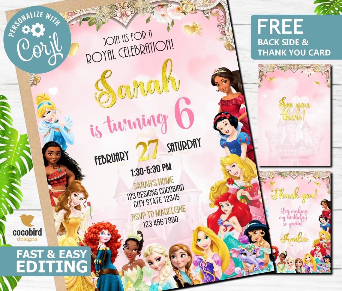Editable 6th Princess Birthday Party Invitation Princess 6th 6 Digital ...