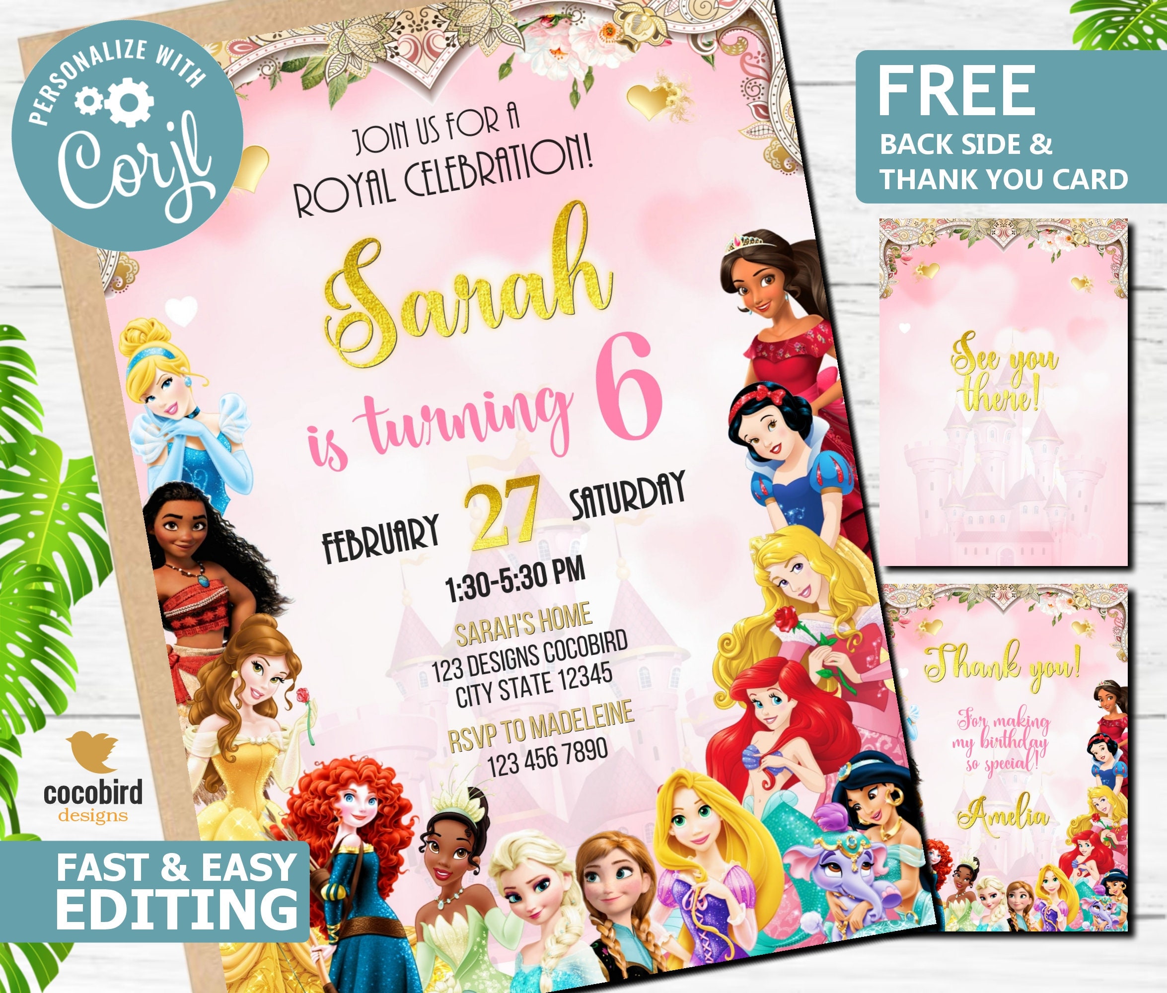 Editable 6th Princess Birthday Party Invitation Princess 6th 6 Digital ...