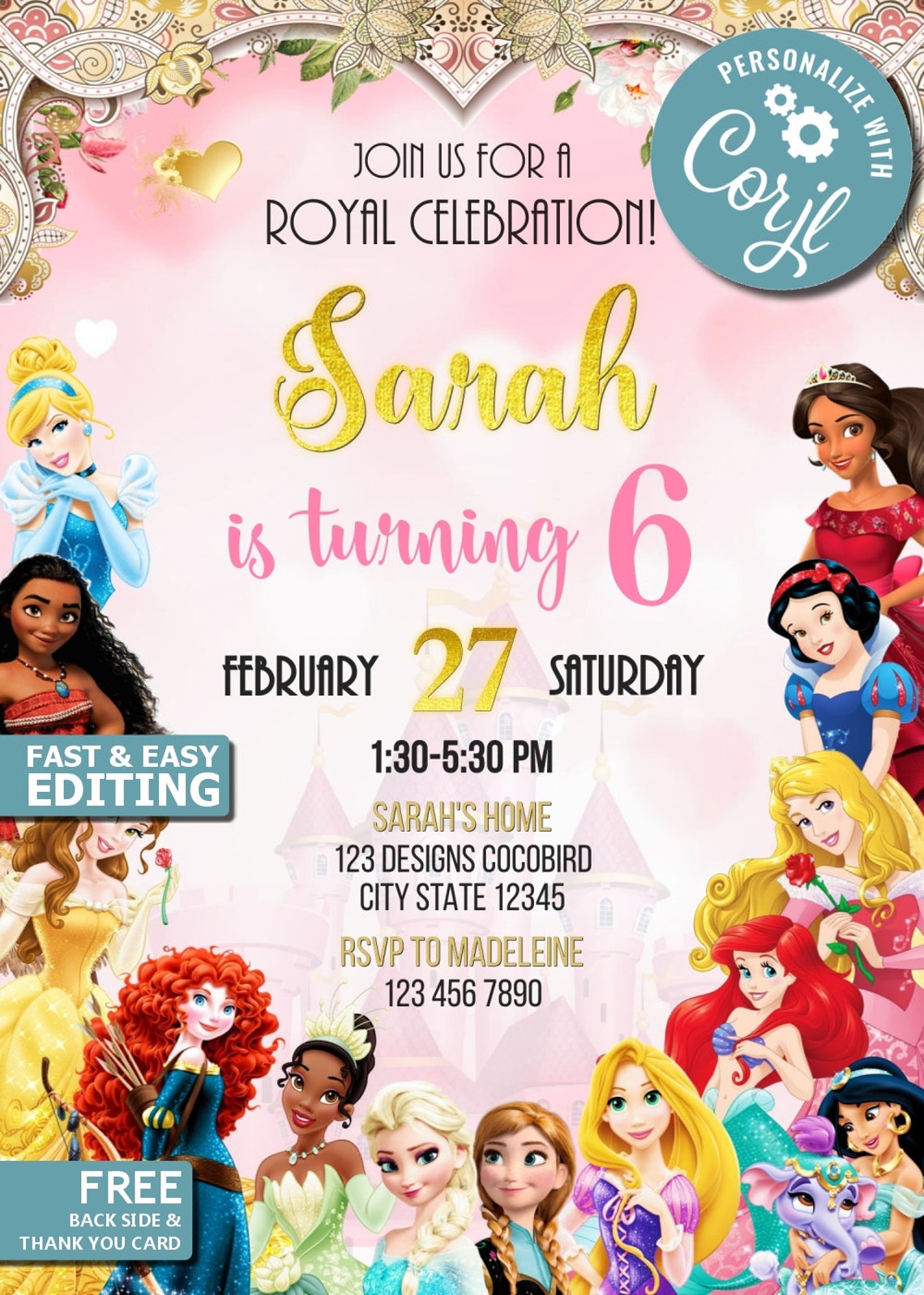 Editable 6th Princess Birthday Party Invitation Princess 6th 6 Digital ...