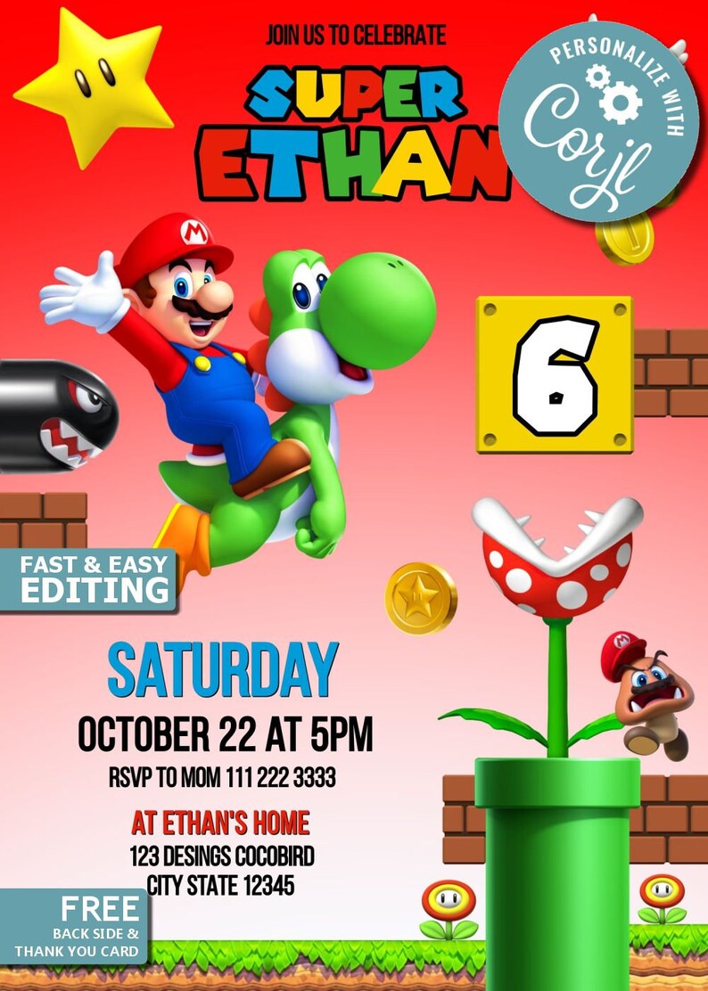Mario Birthday Party | Mario Birthday Invite | Super Brothers Boy ...