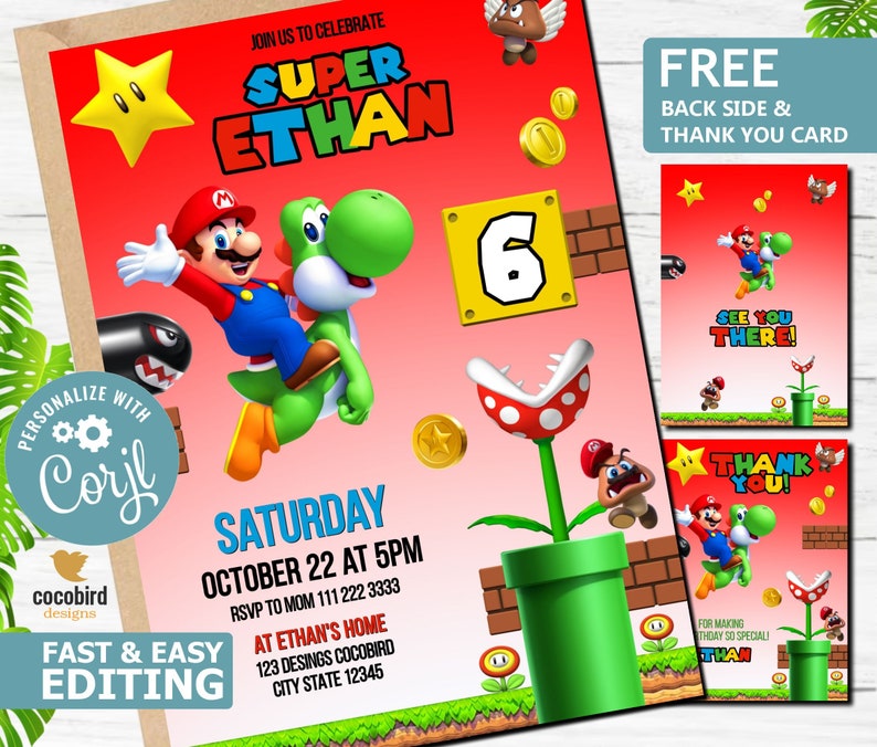 Mario Birthday Party | Mario Birthday Invite | Super Brothers Boy ...