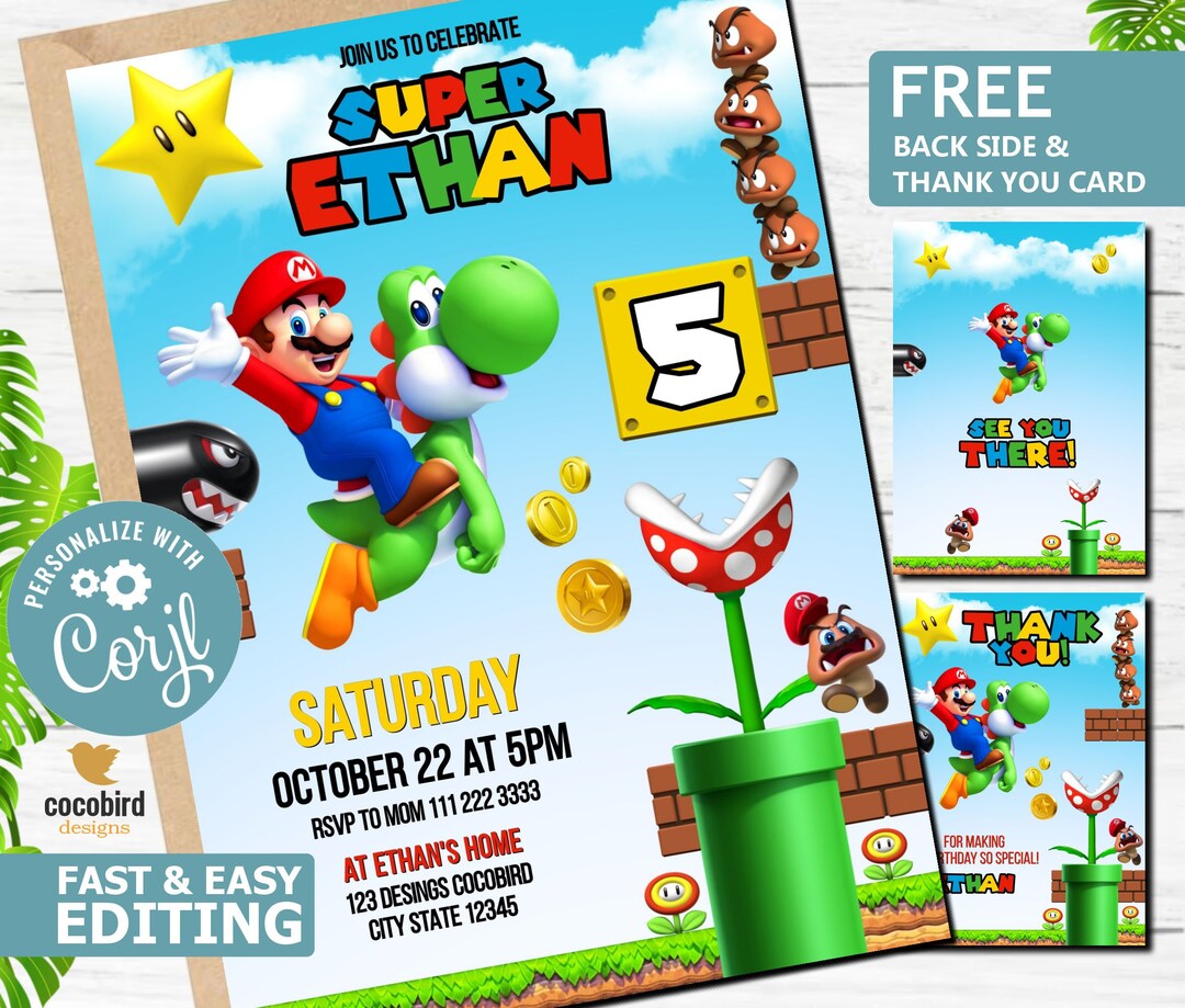 Mario Birthday Party | Mario Birthday Invite | Super Brothers Boy ...