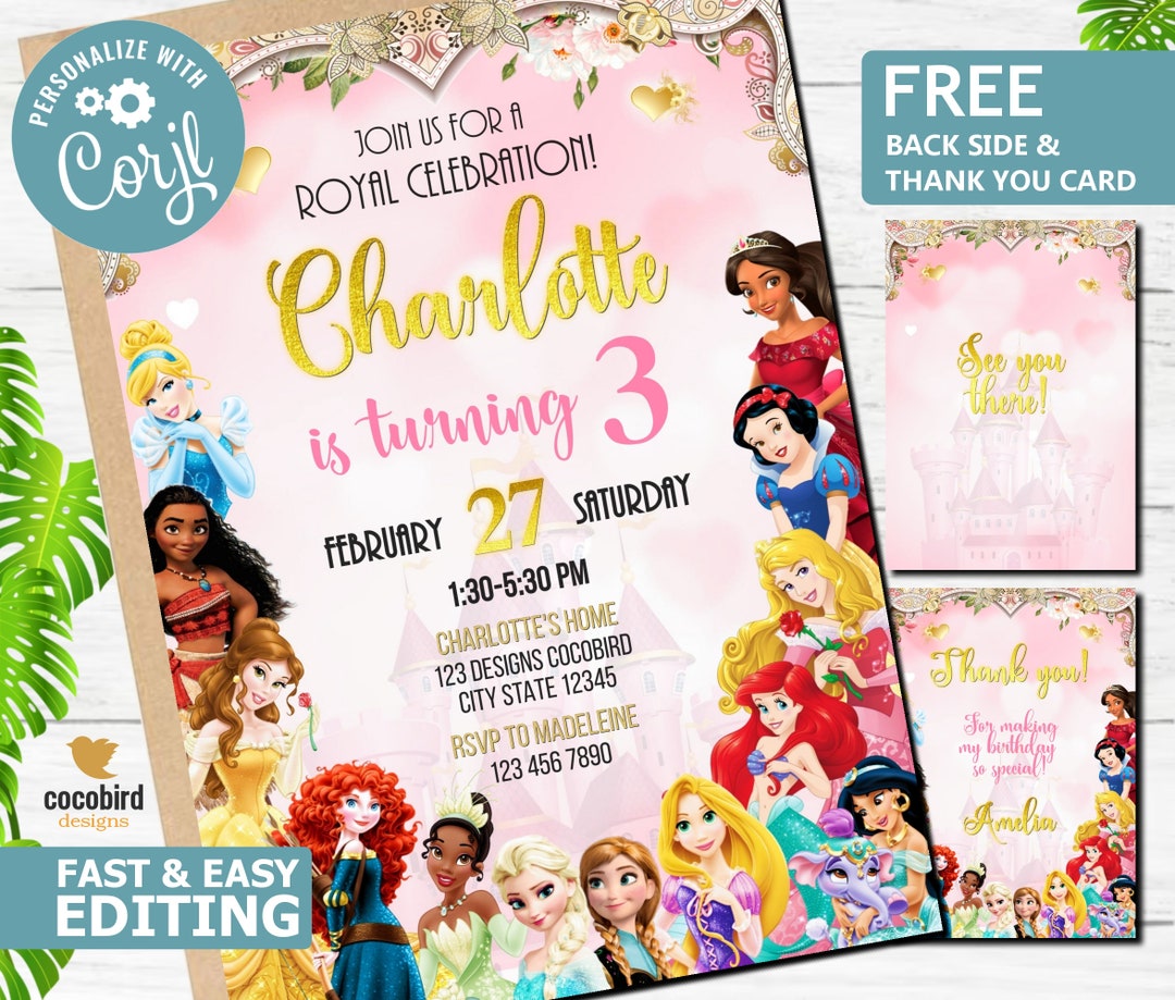 Editable 3rd Princess Birthday Party Invitation Princess 3rd 3 Digital ...