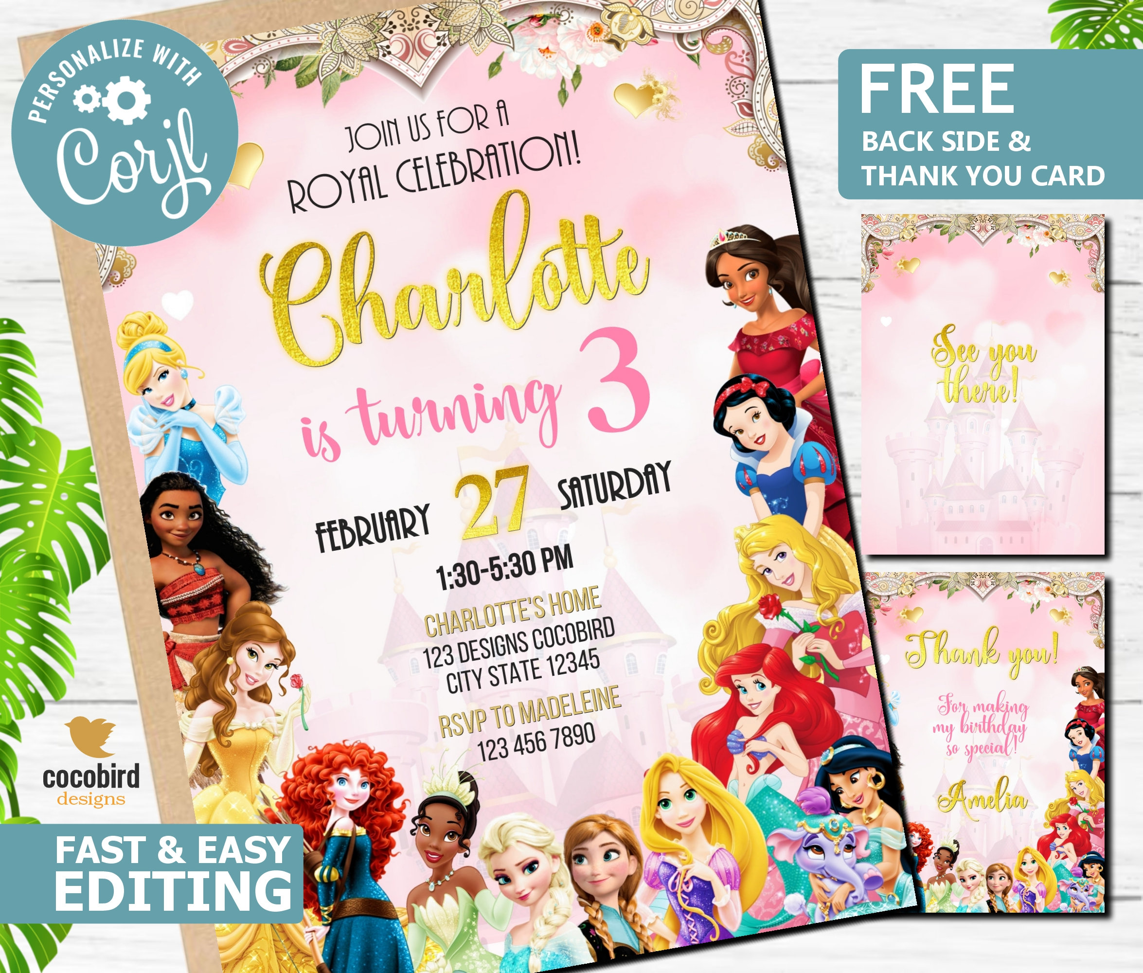 Editable 3rd Princess Birthday Party Invitation Princess 3rd 3 Digital ...