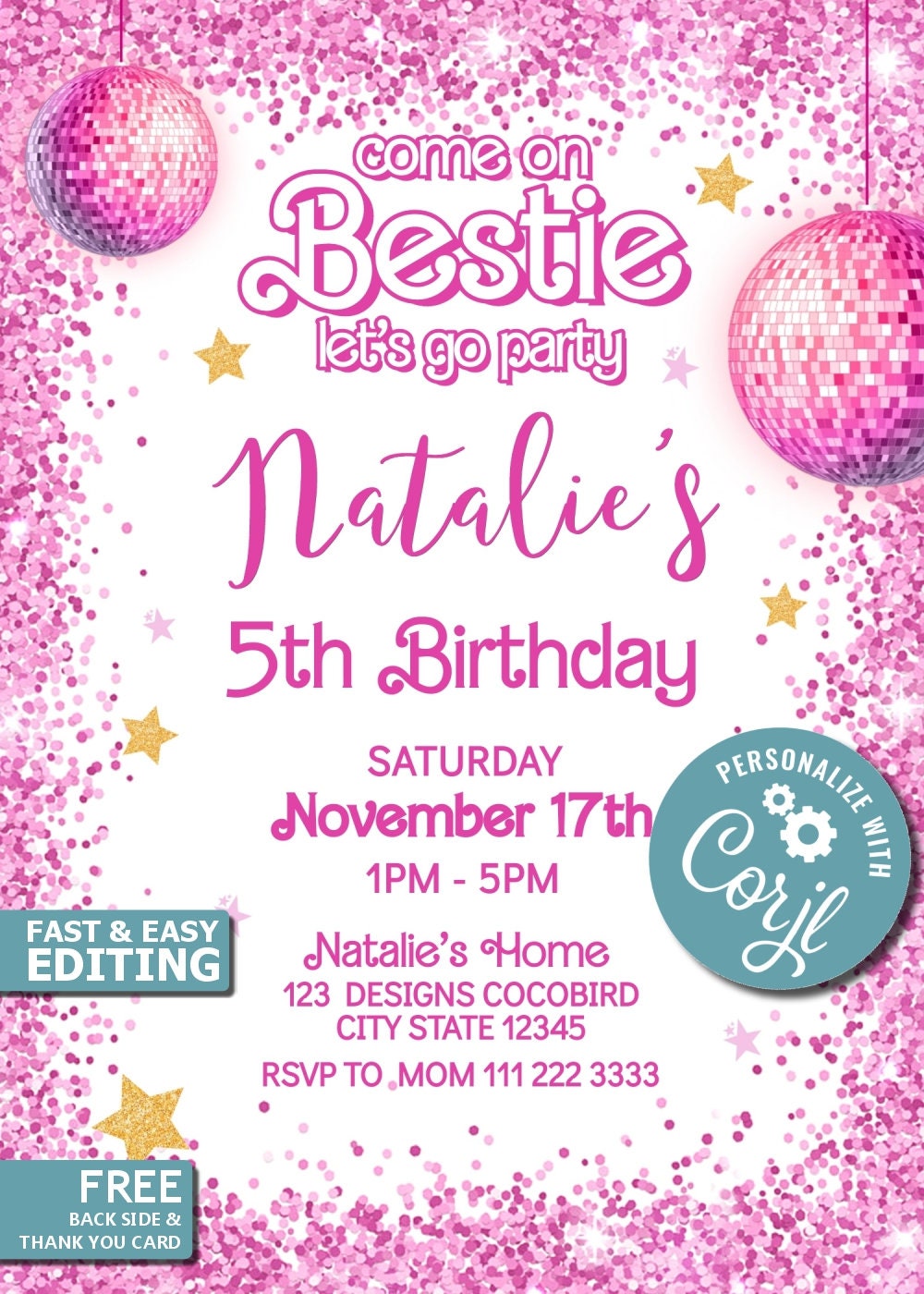 Pink Sparkle Birthday Invitation, Doll Invitation Template, Princess ...