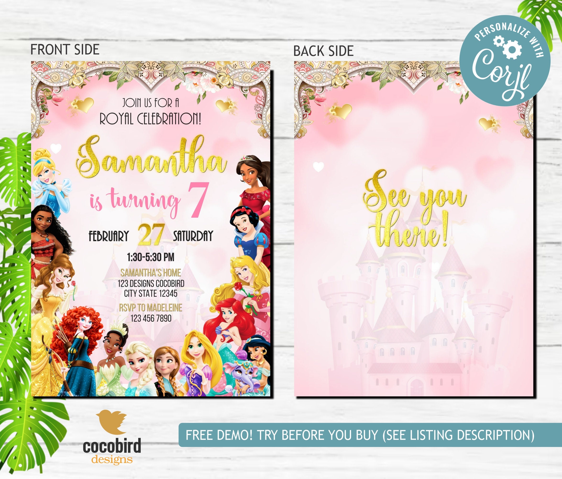 Princess 7th Birthday Party Invitation Card 7th 7 Princess Birthday ...
