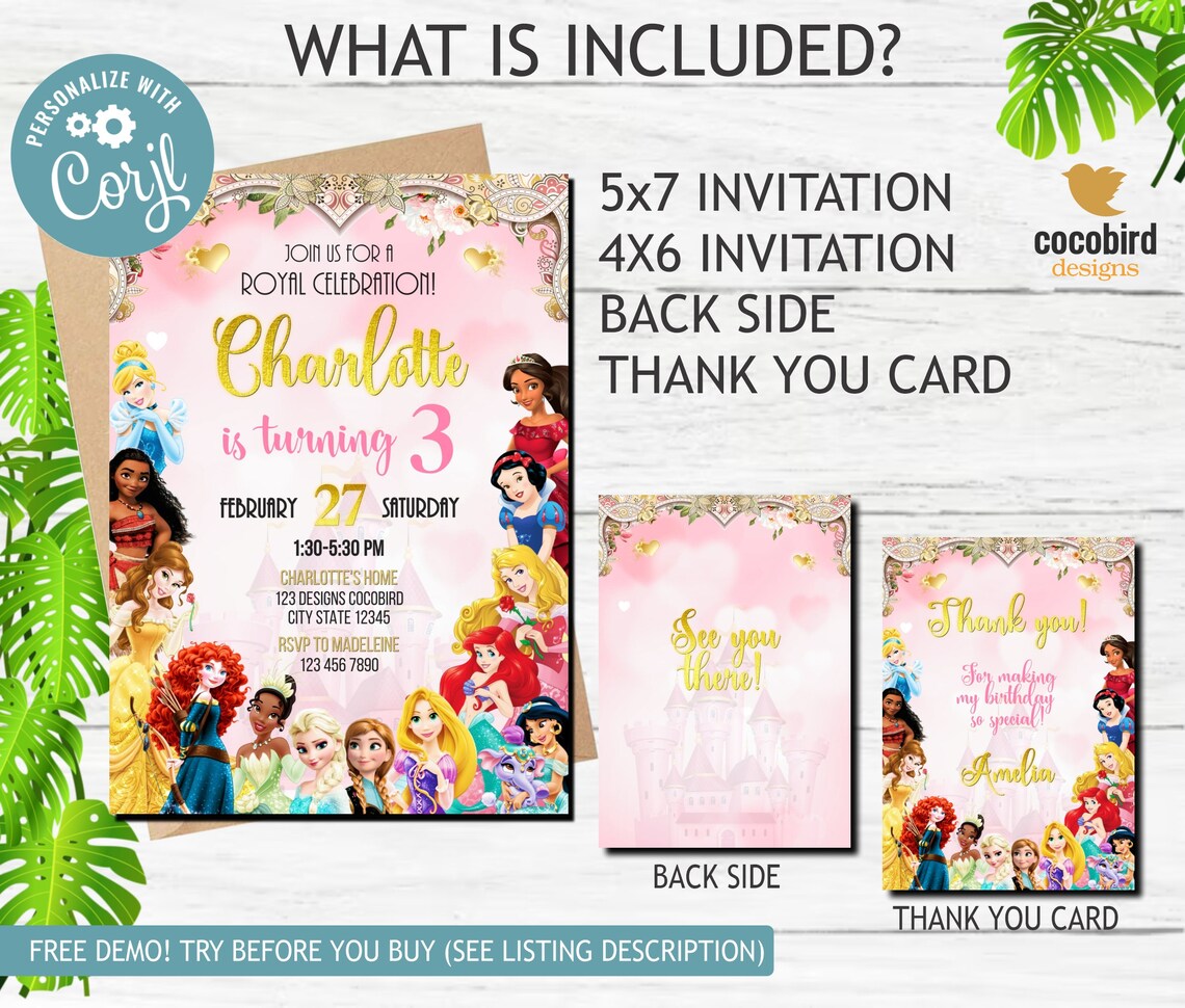 Editable 3rd Princess Birthday Party Invitation Princess 3rd 3 Digital ...
