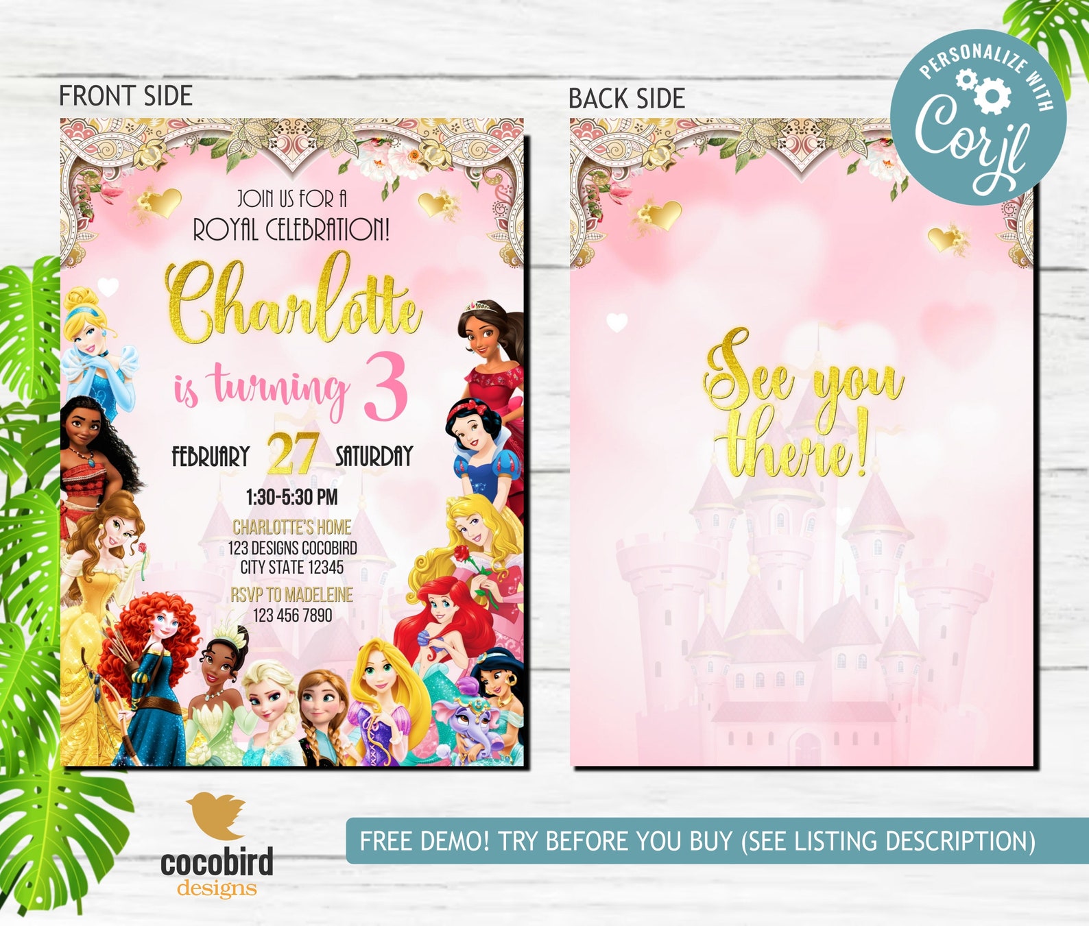 Editable 3rd Princess Birthday Party Invitation Princess 3rd 3 Digital ...
