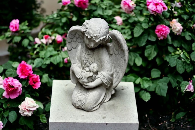 Kneeling Angel Holding Bunny Statue Detailed Girl With Wings Carrying ...