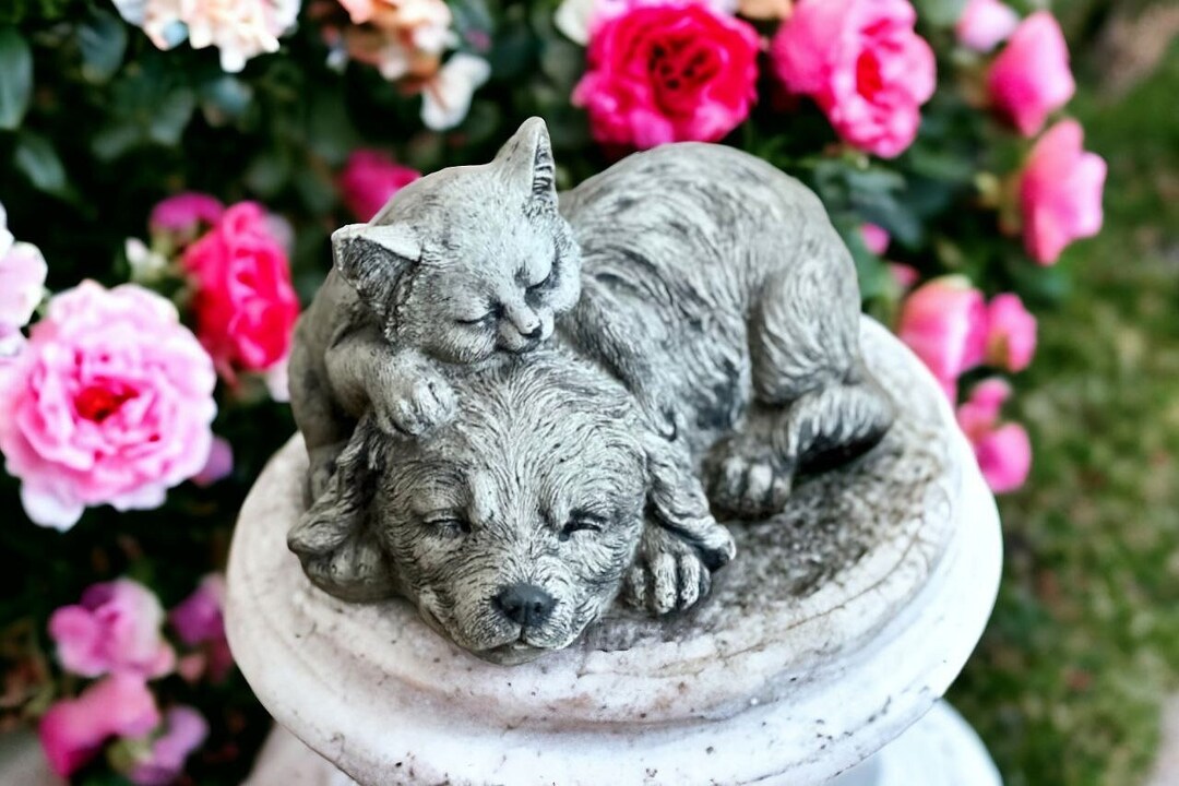 Concrete Laying Puppy With Kitten Statue Detailed Cat and Dog Figure ...