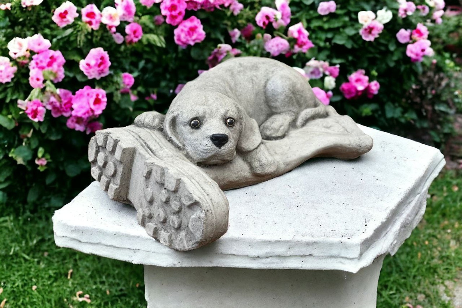 Resting Dog Sculpture Laying Puppy on Boot Figure Outdoor Garden Art ...