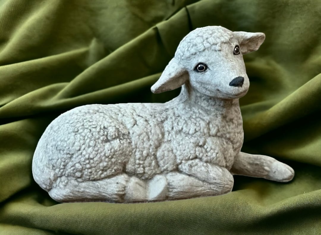 Concrete Laying Lamb Sculpture Detailed Resting Sheep Figurine ...