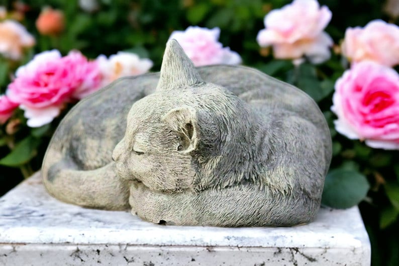 Kitten Laying on Side Statue Concrete Cat Figure Handmade Cat Grave ...