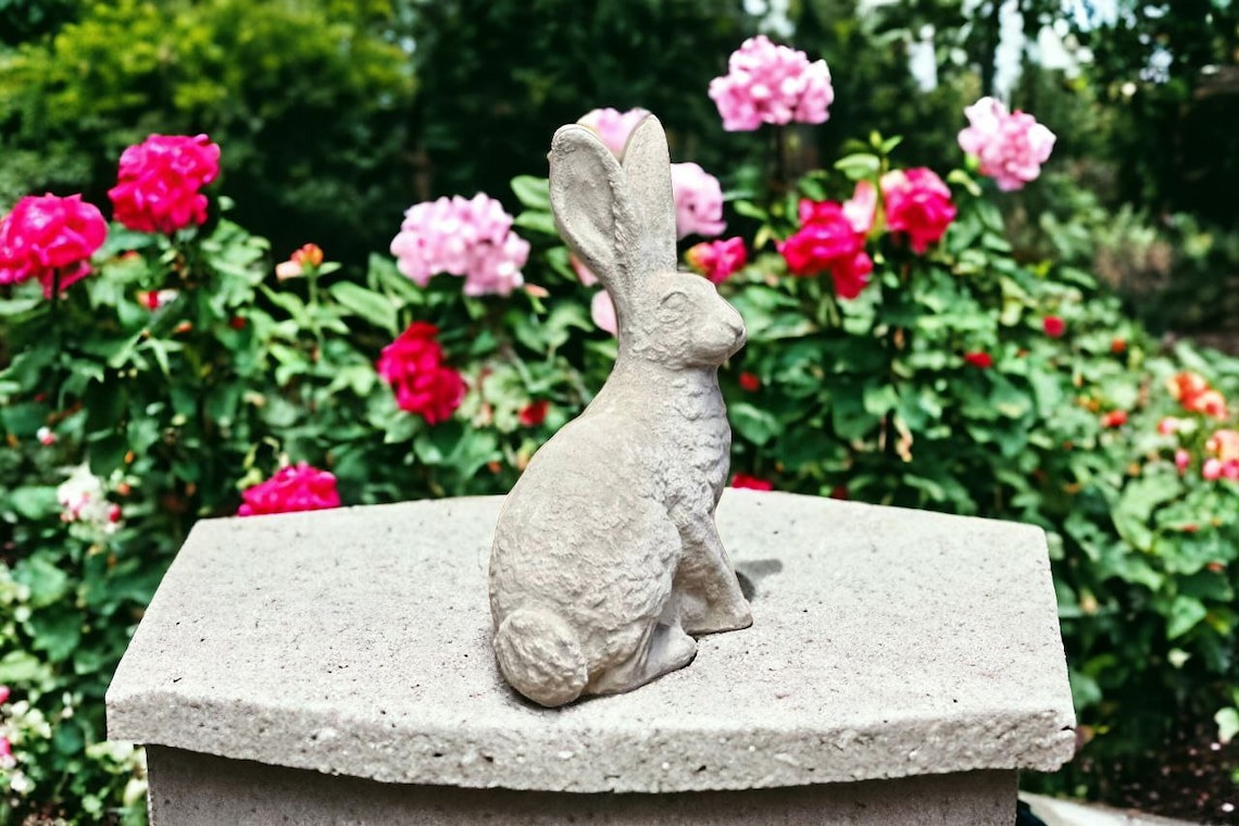 Realistic Sitting Rabbit With Ears up Figure Concrete Bunny Home Statue ...