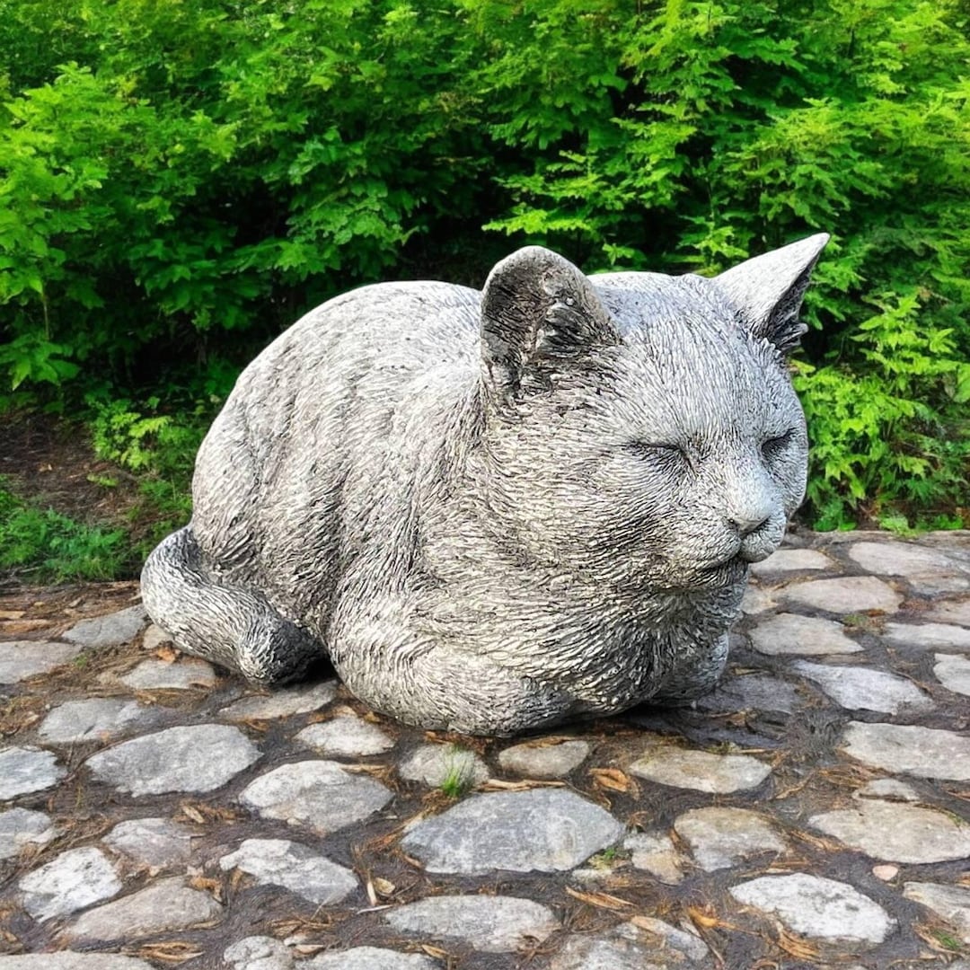 Large Crouching Cat Statue Concrete Kitten Figure Curled up Cat ...