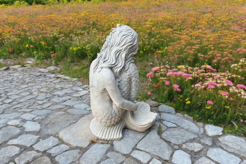 Concrete Mermaid Sitting on Rock Figure Fairy Garden Decoration Outdoor ...
