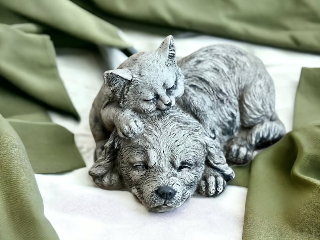 Cat and Dog Laying Together Statue Animal Friends Sculpture Sleeping ...