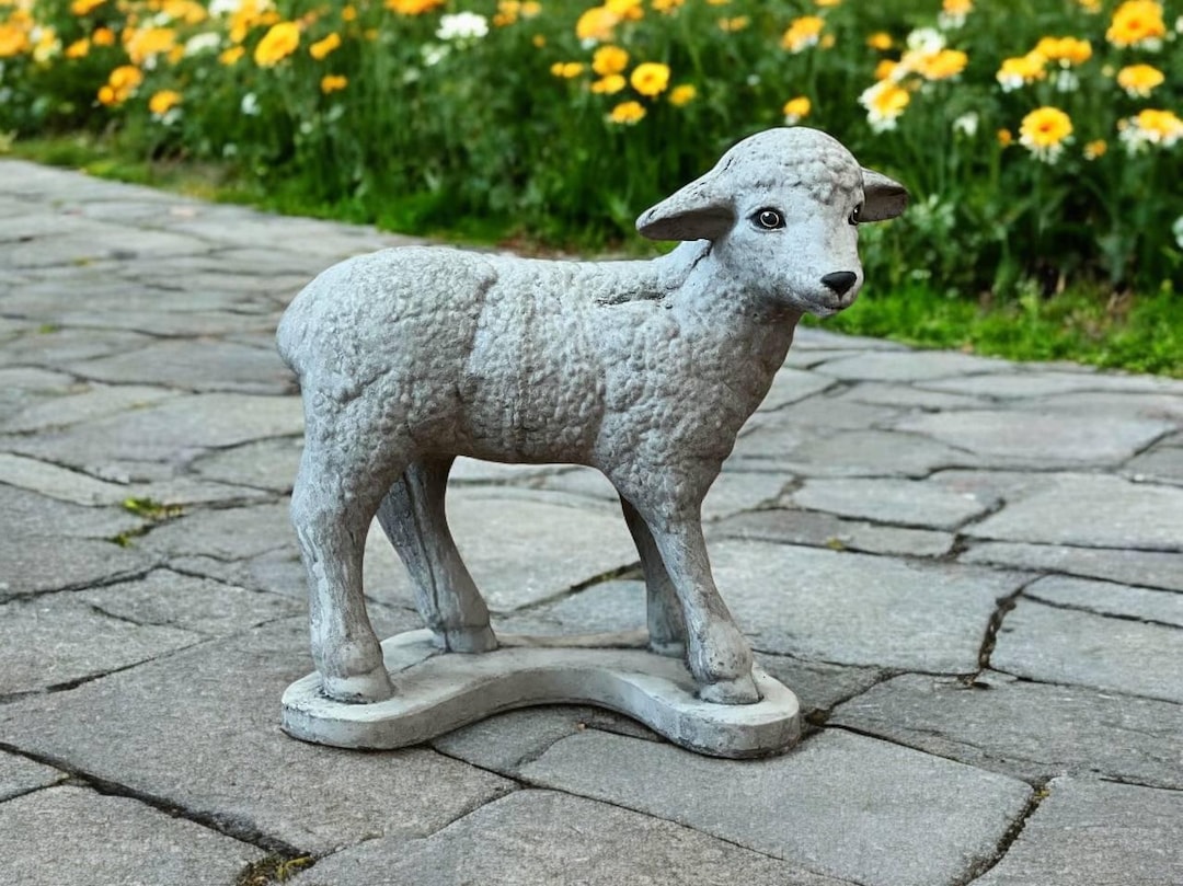 Stone Lamb Figure Concrete Sheep Statue Detailed Sheep on Base Outdoor ...