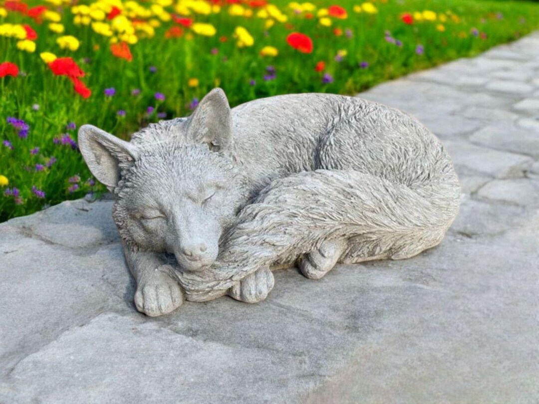 Laying Fox With Bushy Tail Statue Cement Fox Figure Massive Fox ...