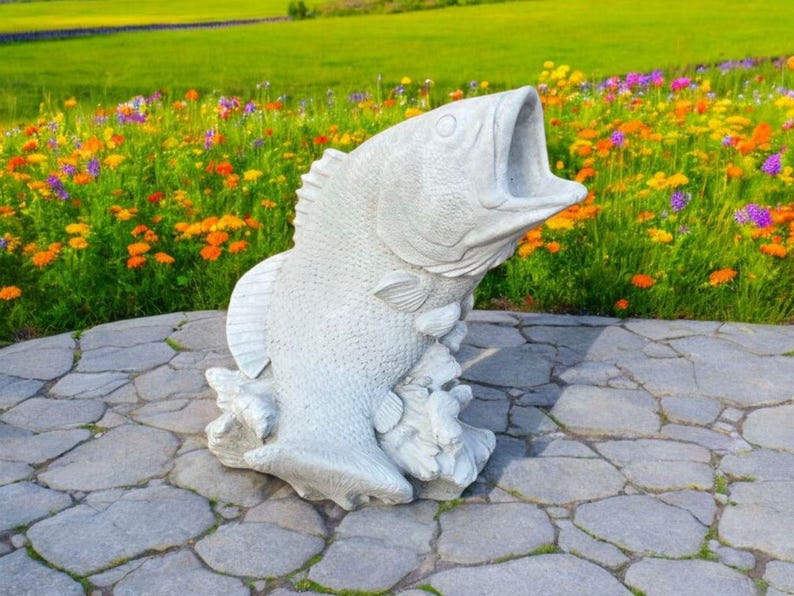 Large Fish Statue Cement Fish With Mouth Bass Concrete Backyard Art ...