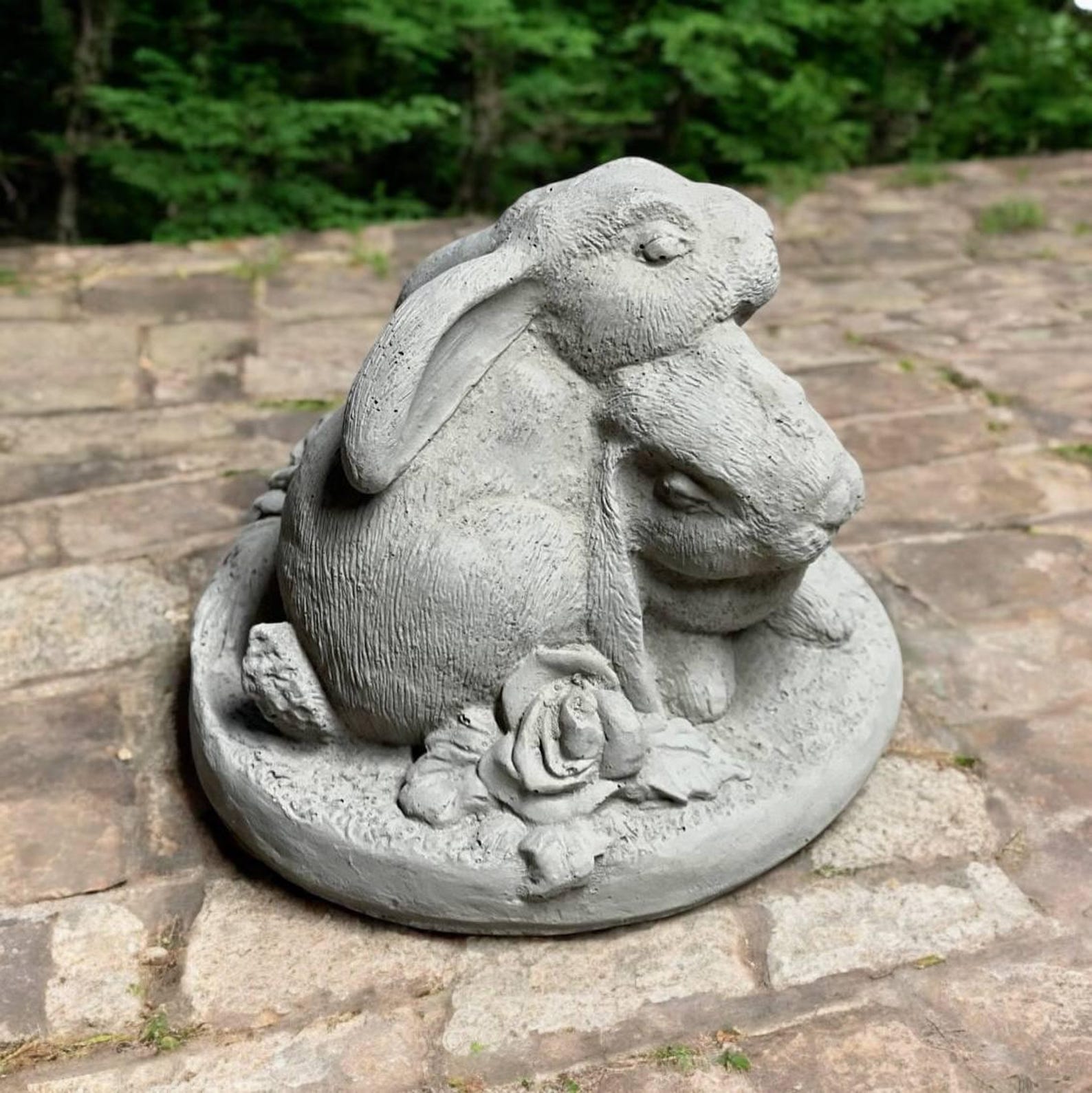 Two Rabbits on Base Figure Flower Bunnies Hugging Sculpture Concrete ...