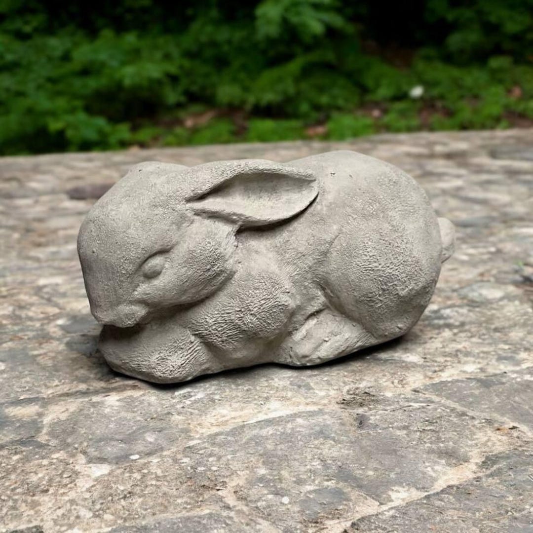 Furry Bunny Figure Stone Rabbit With Ears Down Figurine Wild Animal Art ...