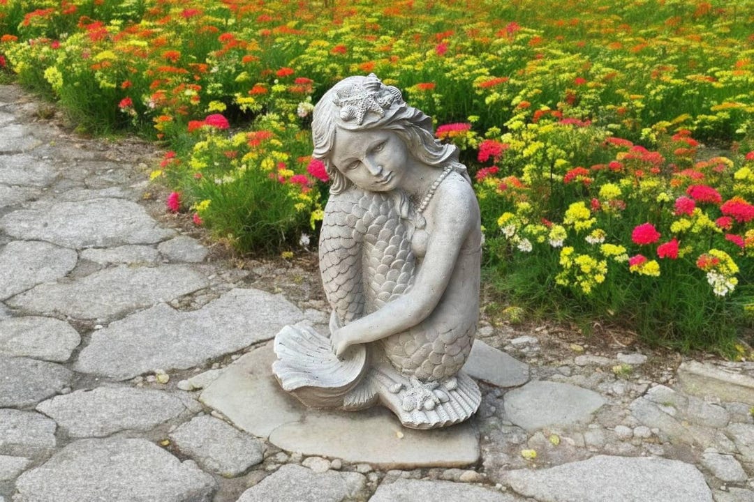 Concrete Mermaid Sitting on Rock Figure Fairy Garden Decoration Outdoor ...