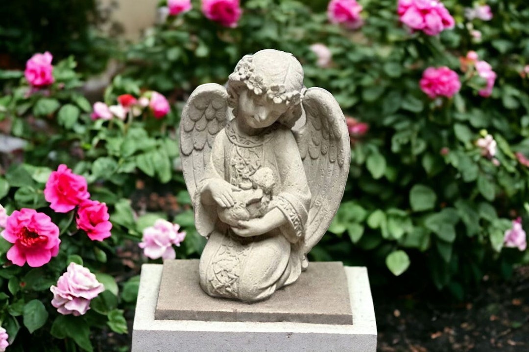 Kneeling Angel Holding Bunny Statue Detailed Girl With Wings Carrying ...