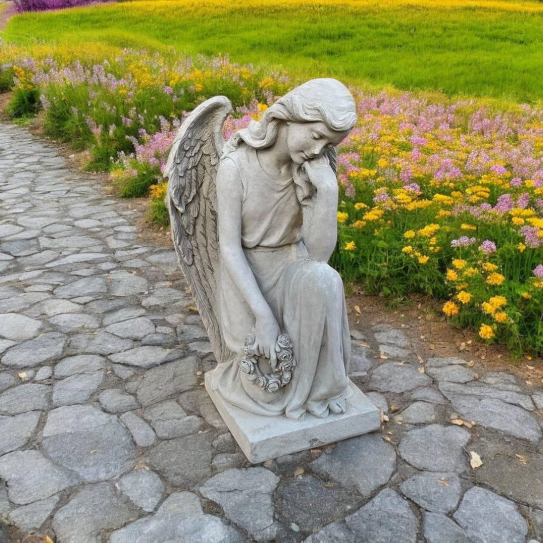 Large Angel Sculpture Detailed Kneeling Angel on Base Statue Religious ...