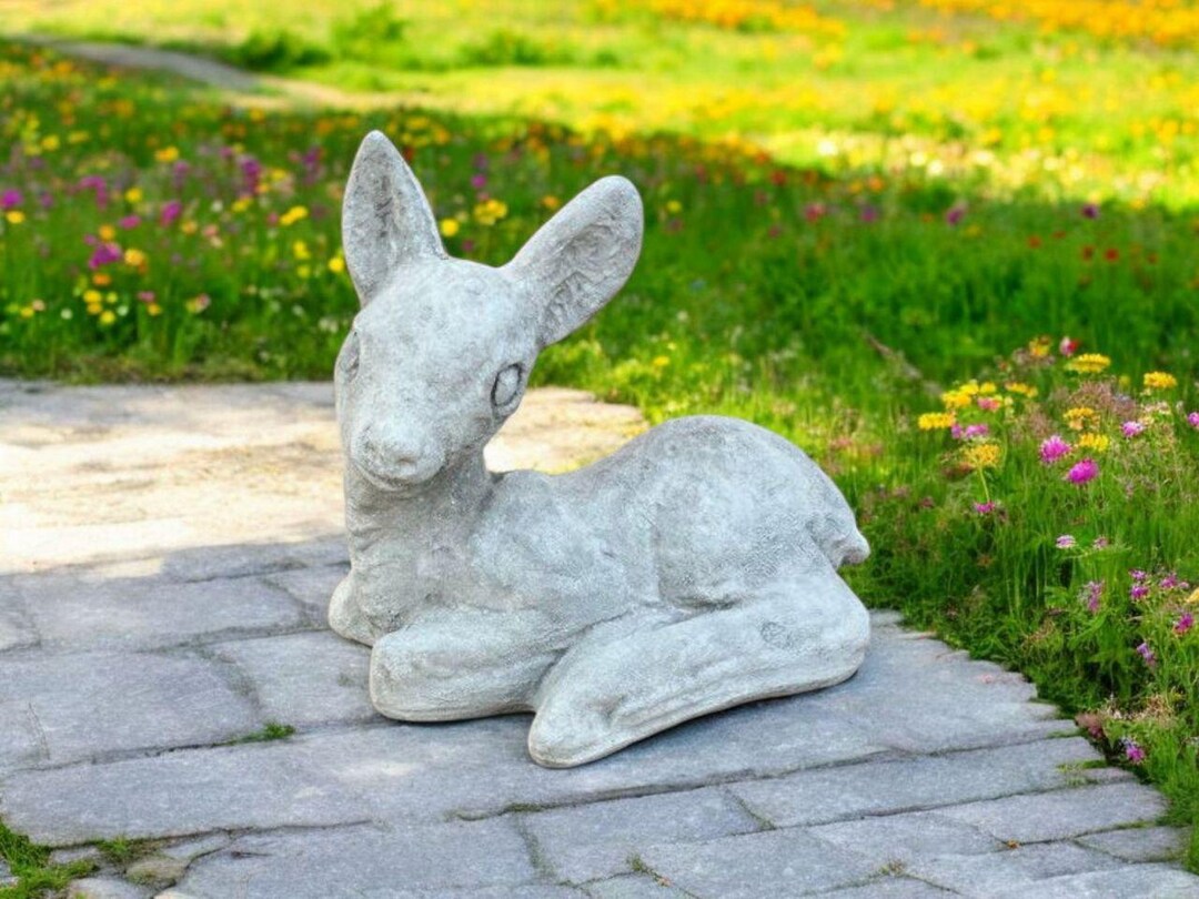 Detailed Fawn With Ears up Figure Stone Forest Style Statue Laying ...