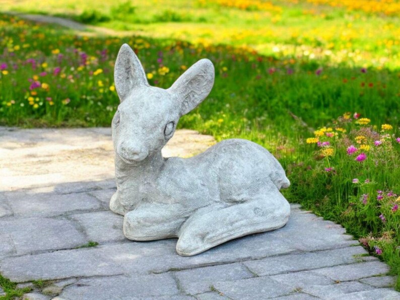 Detailed Fawn With Ears up Figure Stone Forest Style Statue Laying ...