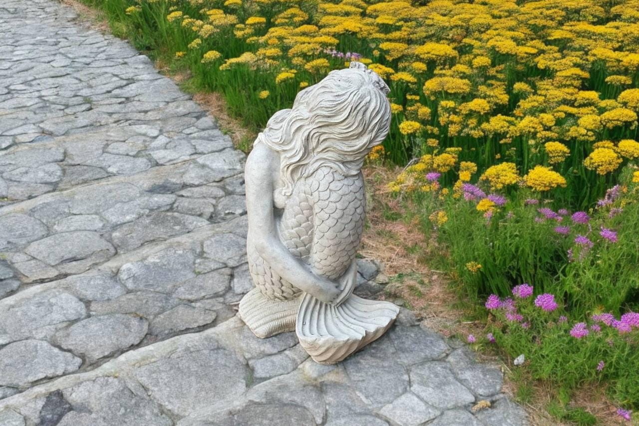 Concrete Mermaid Sitting on Rock Figure Fairy Garden Decoration Outdoor ...