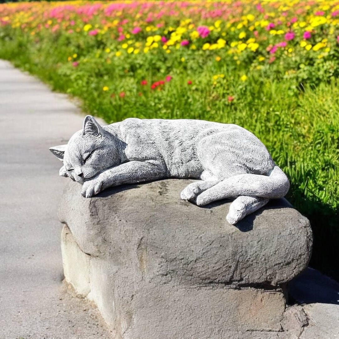 Concrete Kitten Statue Contented Cat Figurine Cat Memorial Laying Cat ...