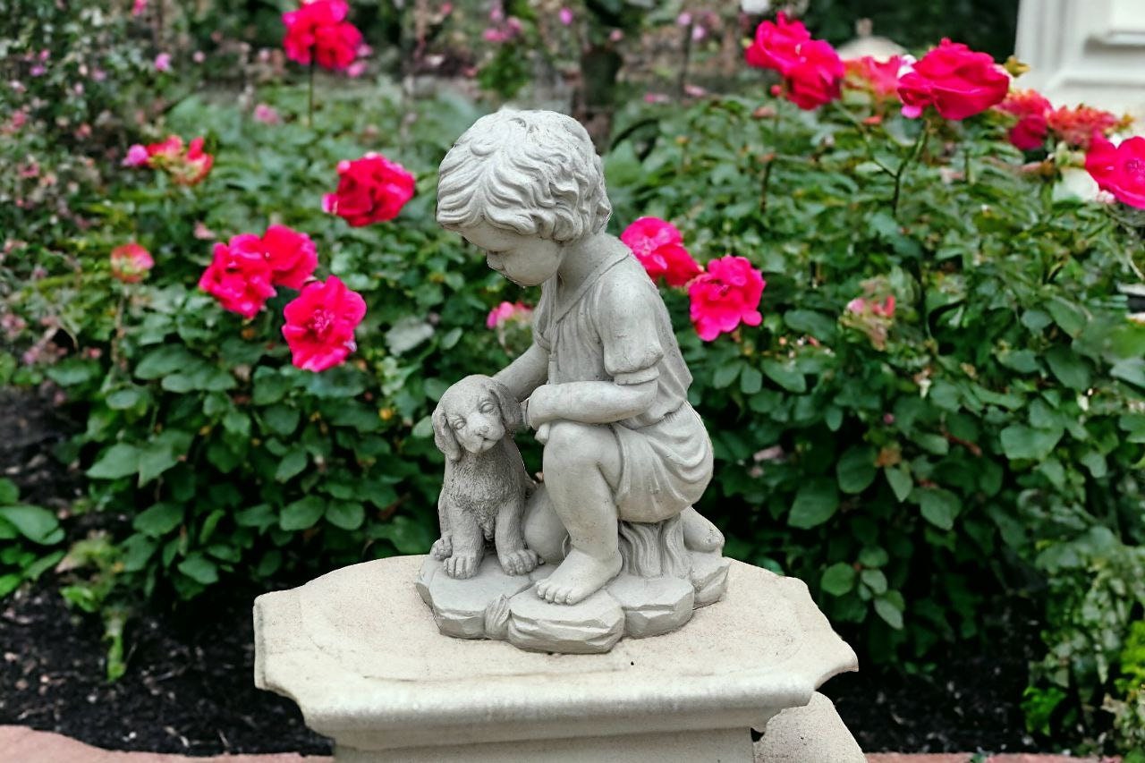 Kneeling Boy With Dog Statue Concrete Boy Standing on One Knee Figure ...
