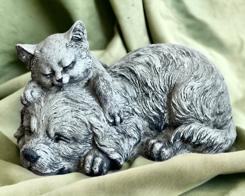 Cat and Dog Laying Together Statue Animal Friends Sculpture Sleeping ...