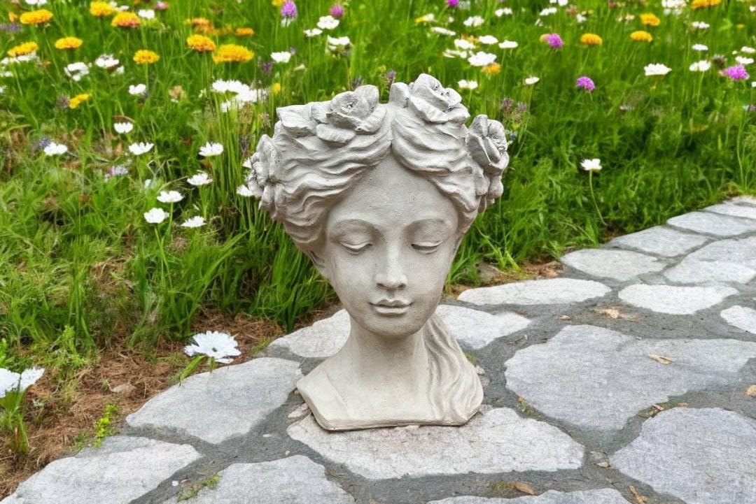 Massive Head With Roses Statue Girl's Head Figurine Flowers Planter ...