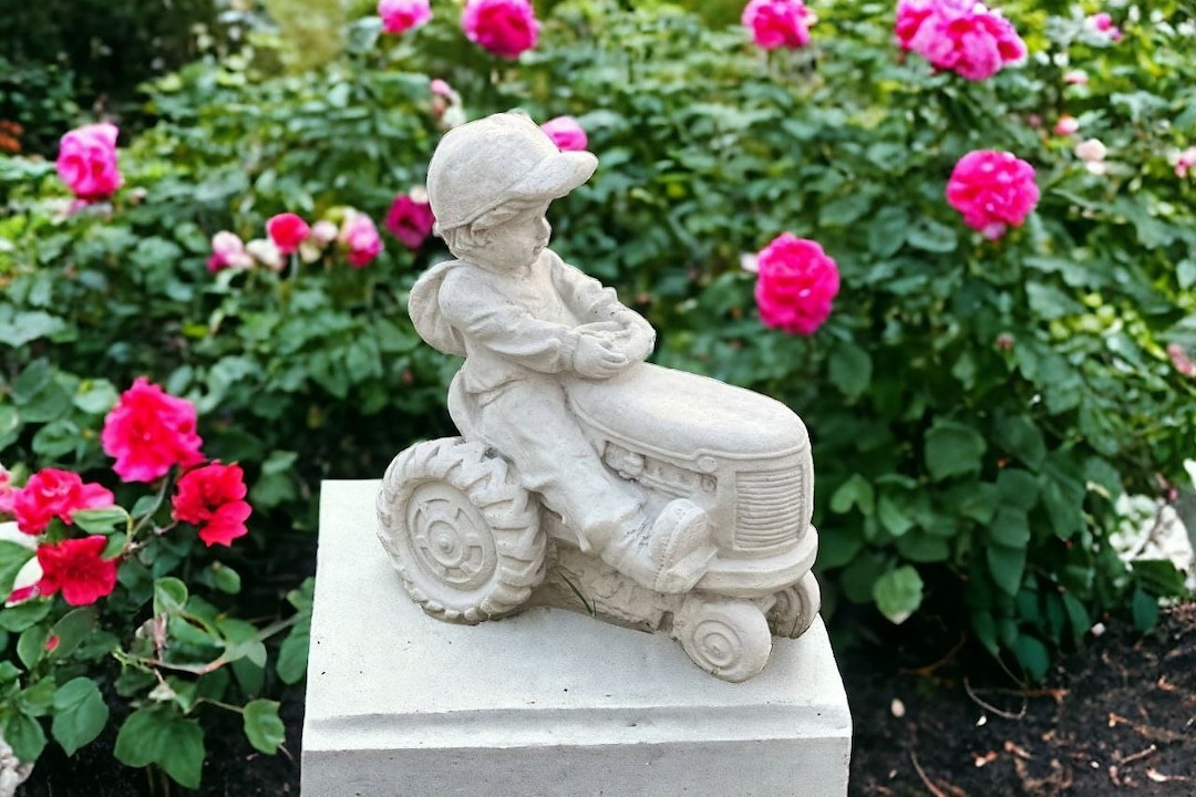 Boy on Tractor Figure Massive Driving Boy Figurine Concrete Kid ...