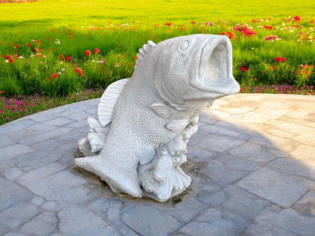 Large Fish Statue Cement Fish With Mouth Bass Concrete Backyard Art ...