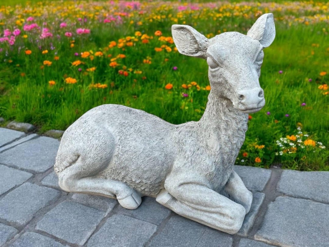Laying Deer Figure Concrete Fawn Figurine Massive Wild Animal Statuary ...