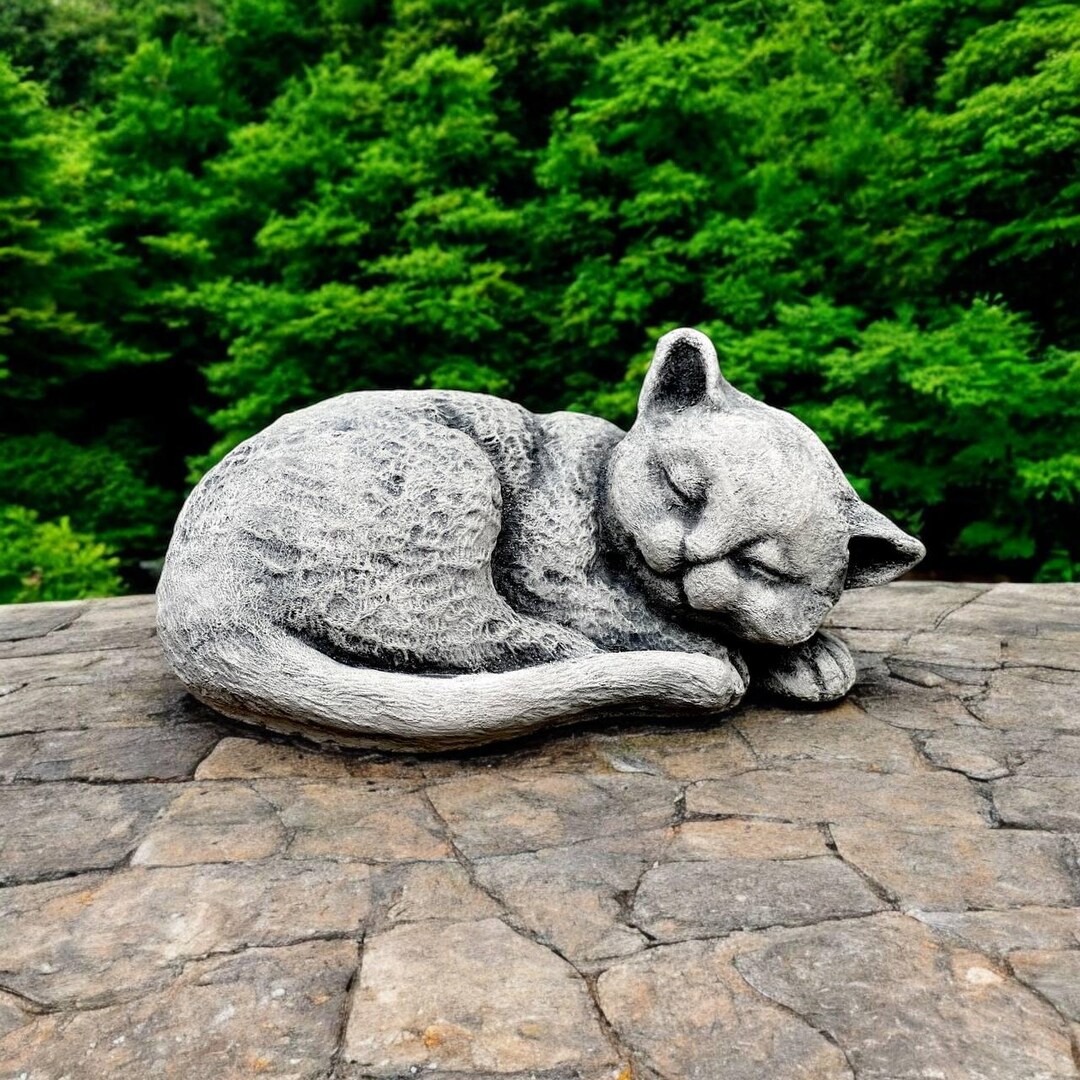 Stone Cat Garden Sculpture Laying Kitten Figure Cat Memorial Sleeping ...