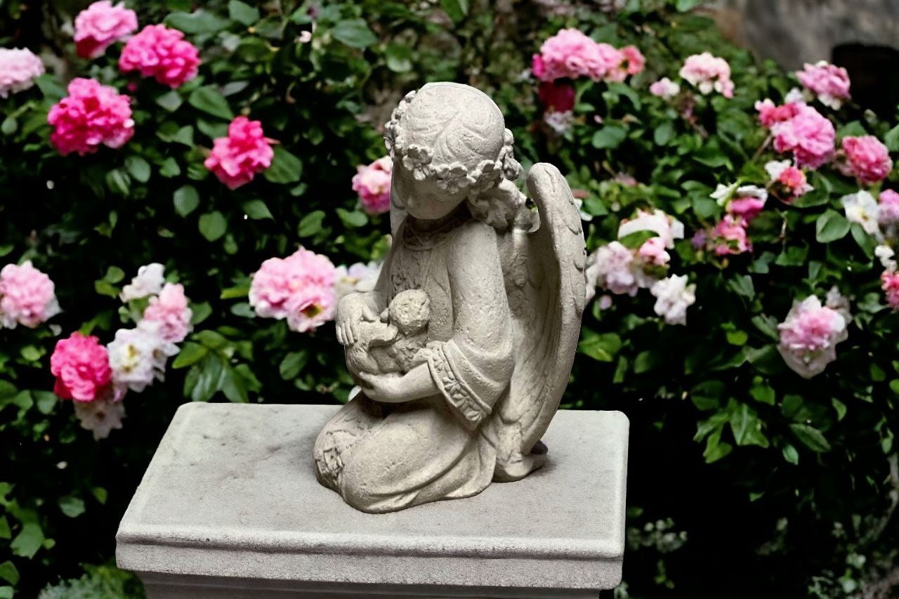 Kneeling Angel Holding Bunny Statue Detailed Girl With Wings Carrying ...